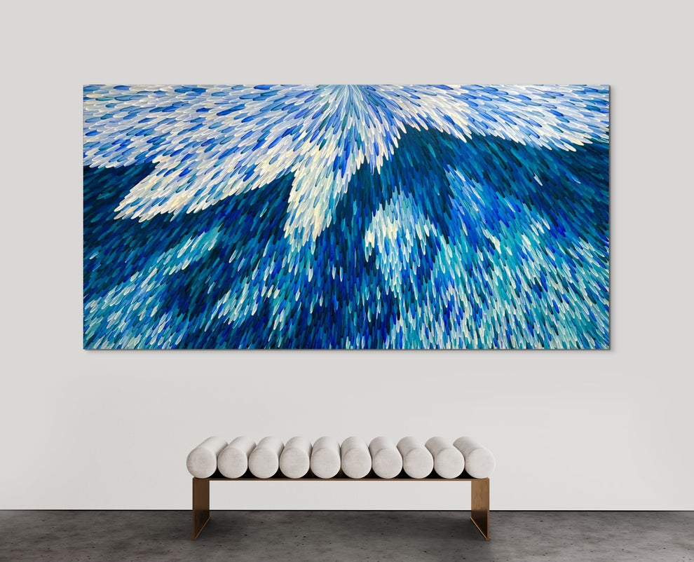 RAYMOND WALTERS PENANGKE - Emu Feathers 150x300cm (blue) – Plume Gallery